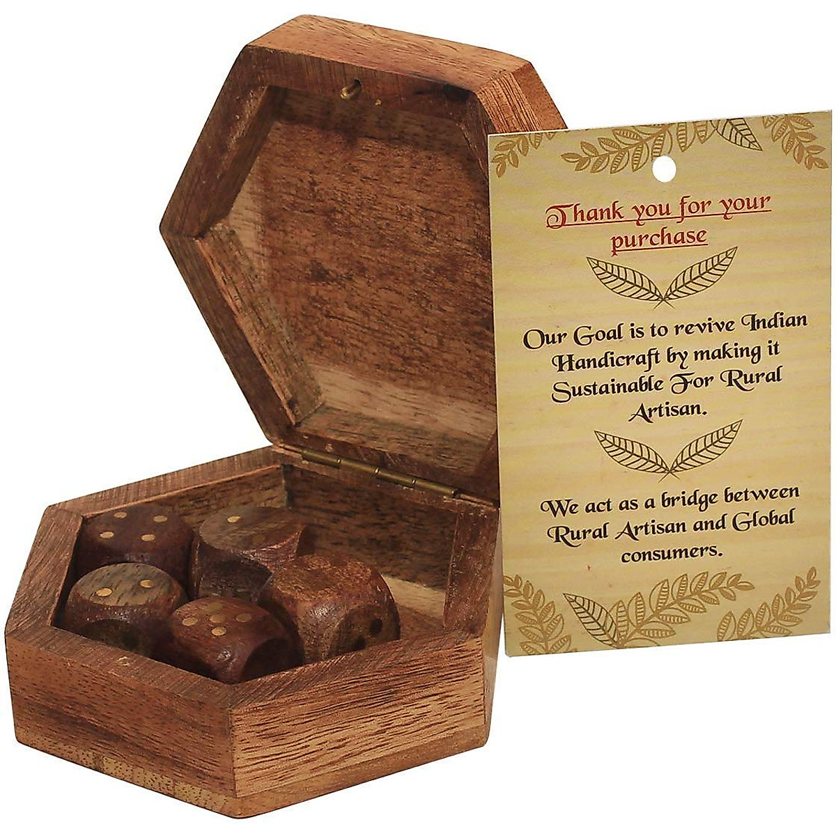 Krazy Craft Wood Dice Box With 5 Wooden Dices - Handmade Dice Game Brass Inlay Dices For Tabletop Countertop Standing Display Dice Box Board Games Accessories For Kids Adults Teens