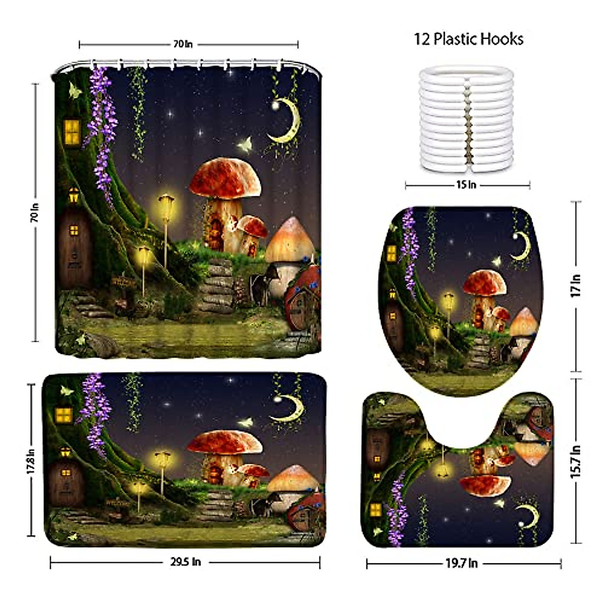 JONSEQIN 4 Piece Fairytale Forest Shower Curtain Sets with Rugs, Toilet Lid Cover and Bath Mat, Mushroom Bathroom Sets with Shower Curtain and Rugs and 12 Hooks Accessories