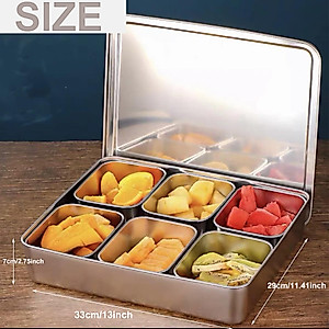 Aulin 304 Stainless Steel Divided Serving Tray with Lid - Charcuterie Snack Box Container with 6 Removable Compartments, Food Storage, Snack Platters Organizer for Candy, Chips, Nuts, Condiments