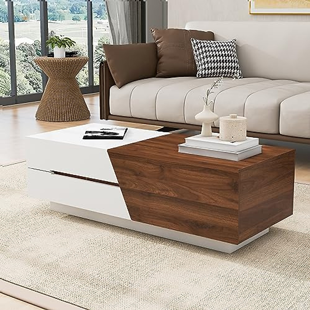 Merax Coffee Table for Living Room, Extendable Coffee Table with Sliding Top & Hidden Storage Compartment, Modern Cocktail Table Center Table for Office (White & Black)