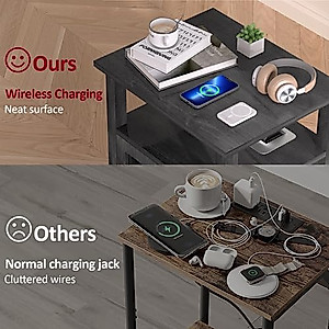 HIFYOBRO End Table with Wireless Charging Station, Nightstand with Storage, Wood Sofa Side Table with USB Port for Living Room, Bedroom, Grey