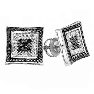 Dazzlingrock Collection 0.12 Carat (ctw) Round Black & White Diamond Cluster Square Stud Earrings for Women in 925 Sterling Silver in Screw Back
