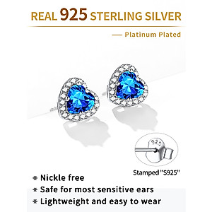 ChicSilver Women March Birthstone Jewelry 925 Sterling Silver Heart Blue Aquamarine Stud Halo Earrings 7mm Birth Stone Hypoallergenic Earrings for Women