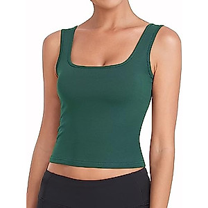 Porvike Crop Tops for Women Workout Tank Top Cropped Sleeveless Shirts Square Neck Tanks Basic Gym Exercise Clothes 3 Pack Coral/Beige/Emerald Green S