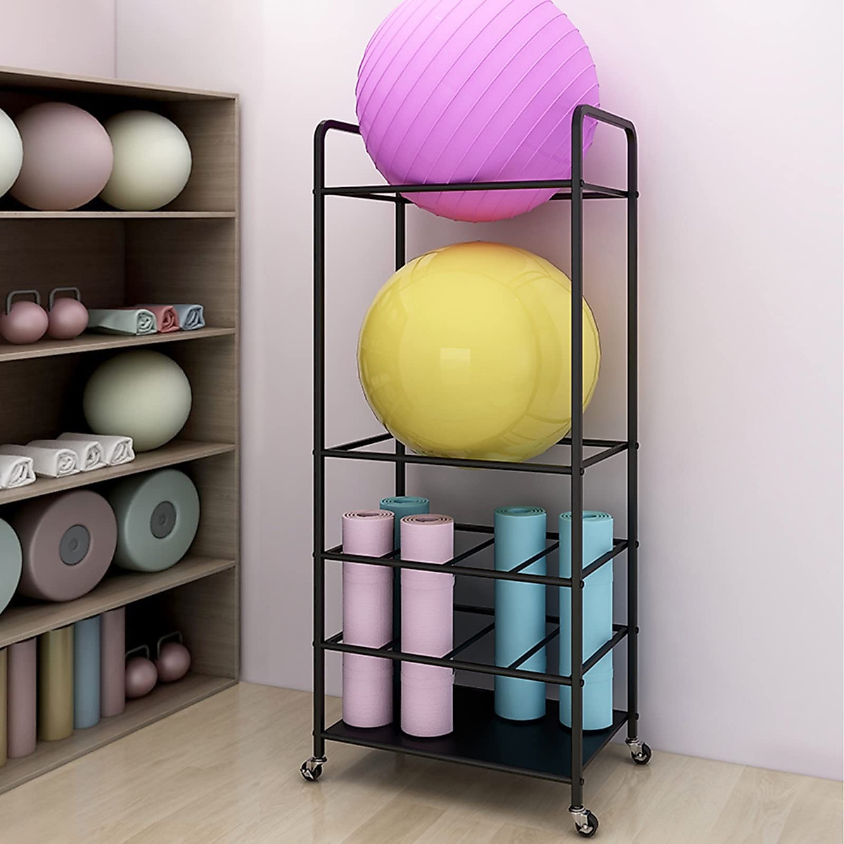 ZAQYCM Space Saving Yoga Mat Holder, Home Gym Accessories Organizer Cart for Workout Mats/Yoga Balls/Foam Rollers/Half Balance Ball/Small Carpet (Color : Black)