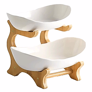 KOXAME 2 Tire Fruit Bowl, Large Fruit Basket for Kitchen Counter, Ceramic Berry Basket with Bamboo Stand, Use for Fruit and Vegetable Storage, Snacks Desserts Nuts Bread Candy Tray Holder, White