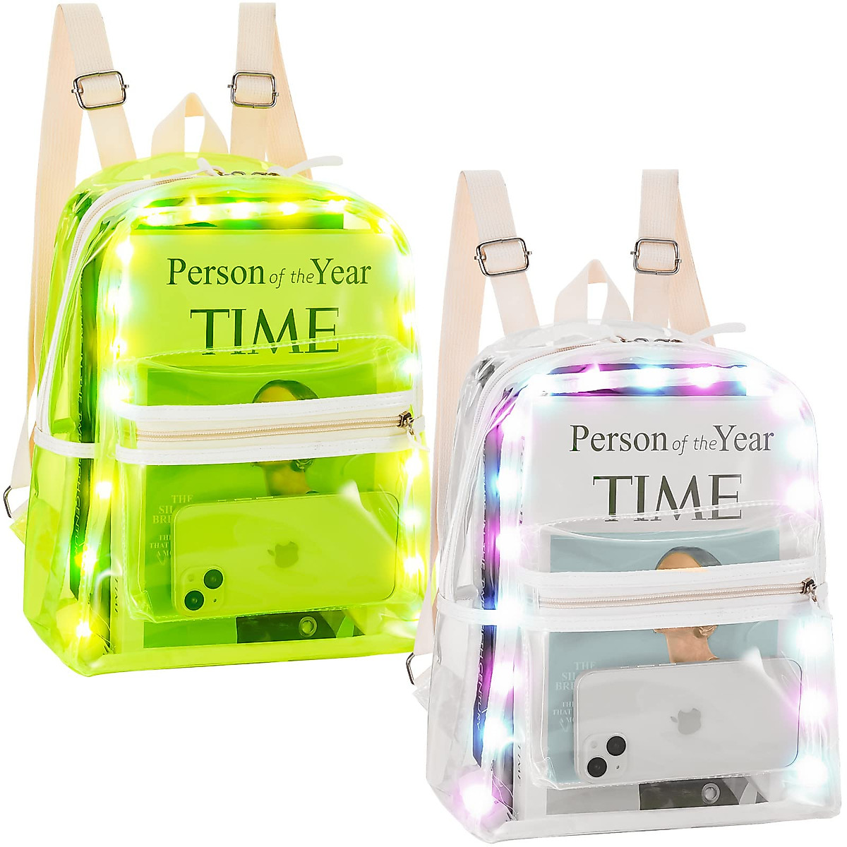 2 Pcs Clear Backpack Glowing Backpack LED Backpack Glow Clear Book Bag Rave Accessories Transparent Waterproof Backpack for Women Men Kids Girls Festival Halloween Party Music Festivals School Sport