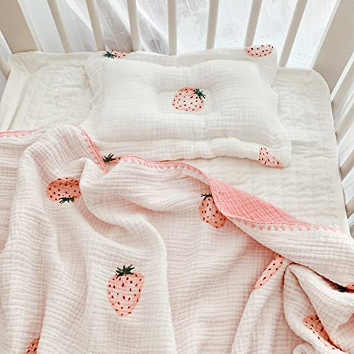 47x59 Extra Large 6 Layer 100% Organic Cotton Super Soft Warm Muslin Baby Swaddle Bed Blanket for Girls Infant Newborn Natural White Color Light Pink Strawberry Fruit Lovely Print Bedding Thick Winter