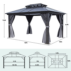YITAHOME 10x12FT Hard-Top Gazebo Double Roof Canopy Outdoor with Netting and Shaded Curtains, Aluminum Frame Polycarbonate Hardtop Garden Tent for Patio, Backyard, Deck and Lawns, Gray