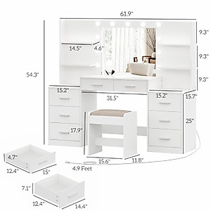 Irontar 61.9‘’L Large Vanity Desk Set with Mirror & Lights, Makeup Vanity with Stool and Charging Station, Makeup Desk with Drawers & Open Storage Shelves, Bedroom Vanity Table Set, White WDT006WD