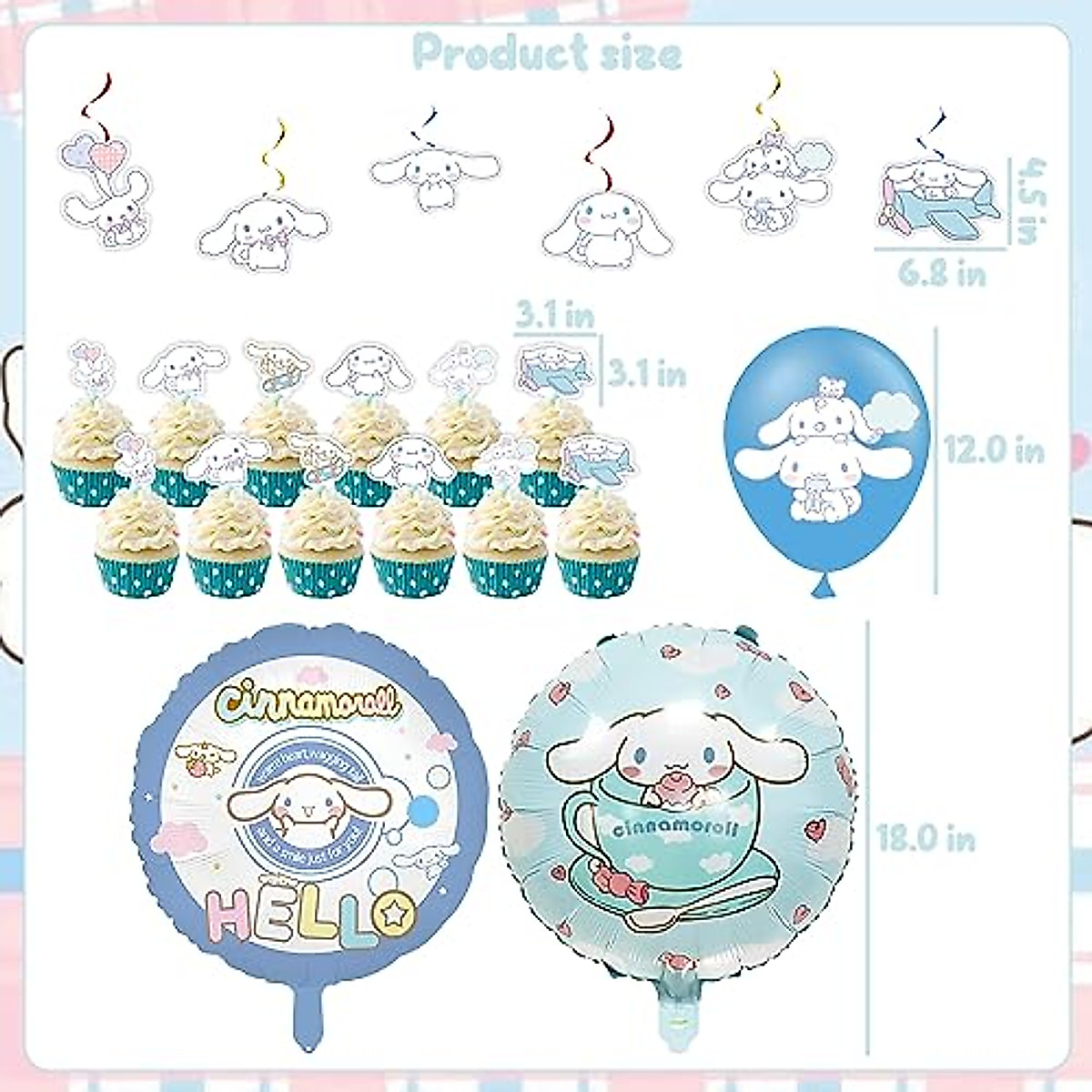 Kawaii Birthday Decorations, Cute Party Supplies Include Banner, Hanging Swirl, Balloon, Backdrop, Cupcake Toppers for Kawaii Birthday Supplies