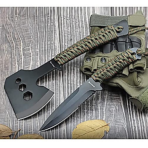 EMHTiii Camping Fixed-Blade Survival Knife - 9in Full Tang Outdoor Knives, 5in Blade with Serrated Edge and Rope Handle, Black