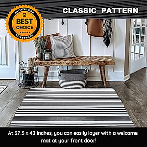 KaHouen Black and White Striped Outdoor Rug 27.5"x43", Front Porch Rug, Hand Woven Cotton Washable Striped Layered Doormats for Layered Door Mats Porch/Kitchen/Laundry Room/Farmhouse/Entryway