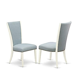 East West Furniture VAVE9-LWH-15 Vancouver 9 Piece Set Includes an Oval Dinner Table with Butterfly Leaf and 8 Baby Blue Fabric Parson Dining Chairs, 40x76 Inch, Linen White
