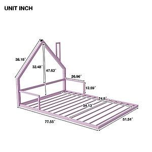 Kamsly FAVSH Full Size Metal Floor Bed with Chimney House-Shaped Headboard,Solid Wood Structure Bedroom Bed Frame W/Handrail,Easy Assembly,for Kids,Boys,Girls,Pink