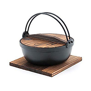 Fuji Merchandise Japanese Style Cast Iron Sukiyaki Tetsu Nabe Pot with Wooden Lid and Tray Quality Enamel Coating (58 fl. oz) 8.5" Diameter