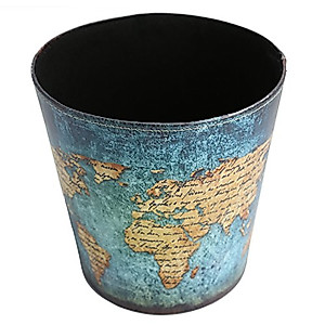 Scakbyer Wastebasket, Retro European Style Household Home Office Round PU Leather Waste Bin Paper Basket Trash Can Dustbin Garbage Bin Waste-Paper Basket Ashcan Ashbin Without Lid - World Map