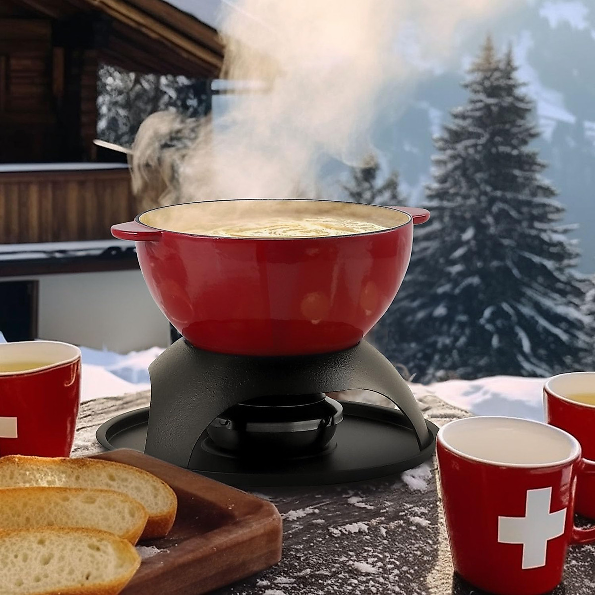 Artestia 11-Piece Cast Iron Fondue Set with Adjustable Burner 6 Colored Forks, 5-Cup Red Cheese Fondue Pot, Perfect for Chocolate, Caramel, Meat, 4-6 Person