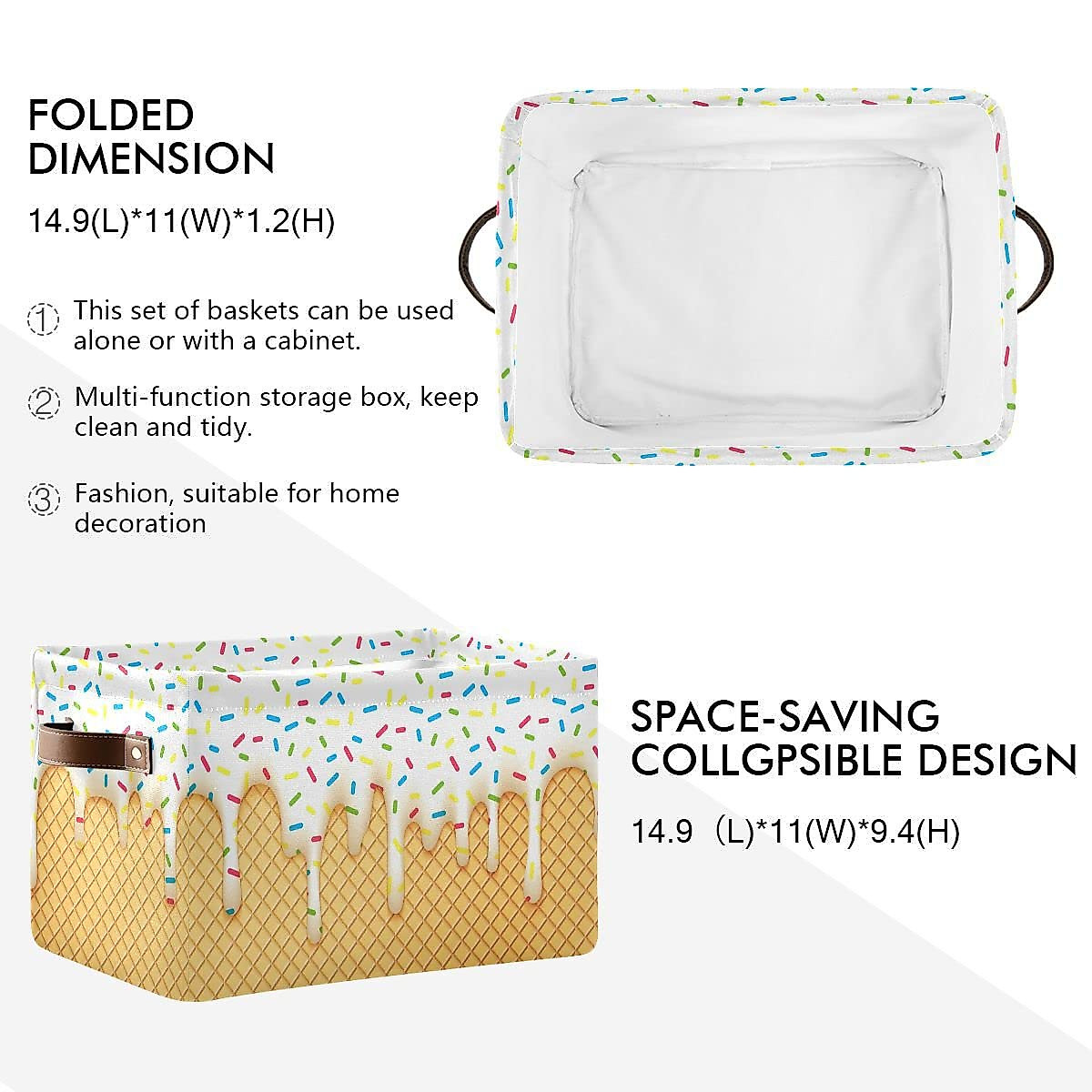 xigua Ice Cream Cone Rectangular Storage Bin Canvas Square Storage Basket with Handles for Home,Office,Books,Nursery,Kid's Toys,Closet & Laundry,Gift Basket…