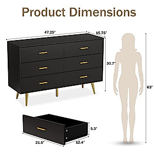 RESOM Black 6 Drawer Dresser for Bedroom, Wooden Black Double Dresser with Gold Handles, Modern Chest Dresser with Deep Drawers for Living Room, Hallway