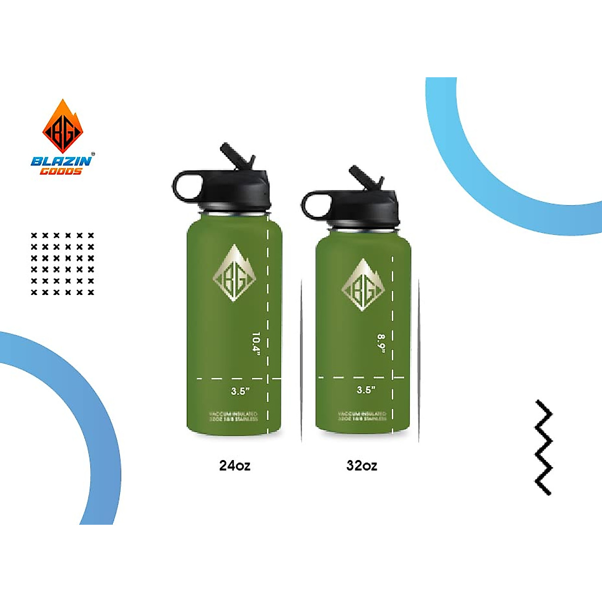 Blazin Goods Stainless Steel, Leak Proof, Vacuum Insulated Stainless Steel, Double Walled Water Bottle | 3 Lids, 2 Straws, 1 Wire cleaning brush (Olive/Drab, 32 Oz)