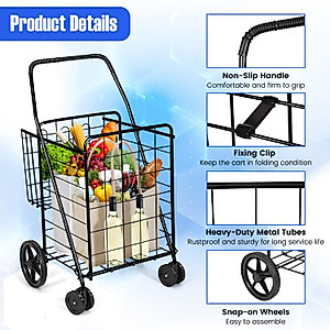 Safeplus Folding Shopping Cart, Utility Cart with Rolling Swivel Wheels&Double Basket, Grocery cart for Grocery, Laundry,Book,Luggage, Travel (Light Weight 24" x 24" x 40", Black)