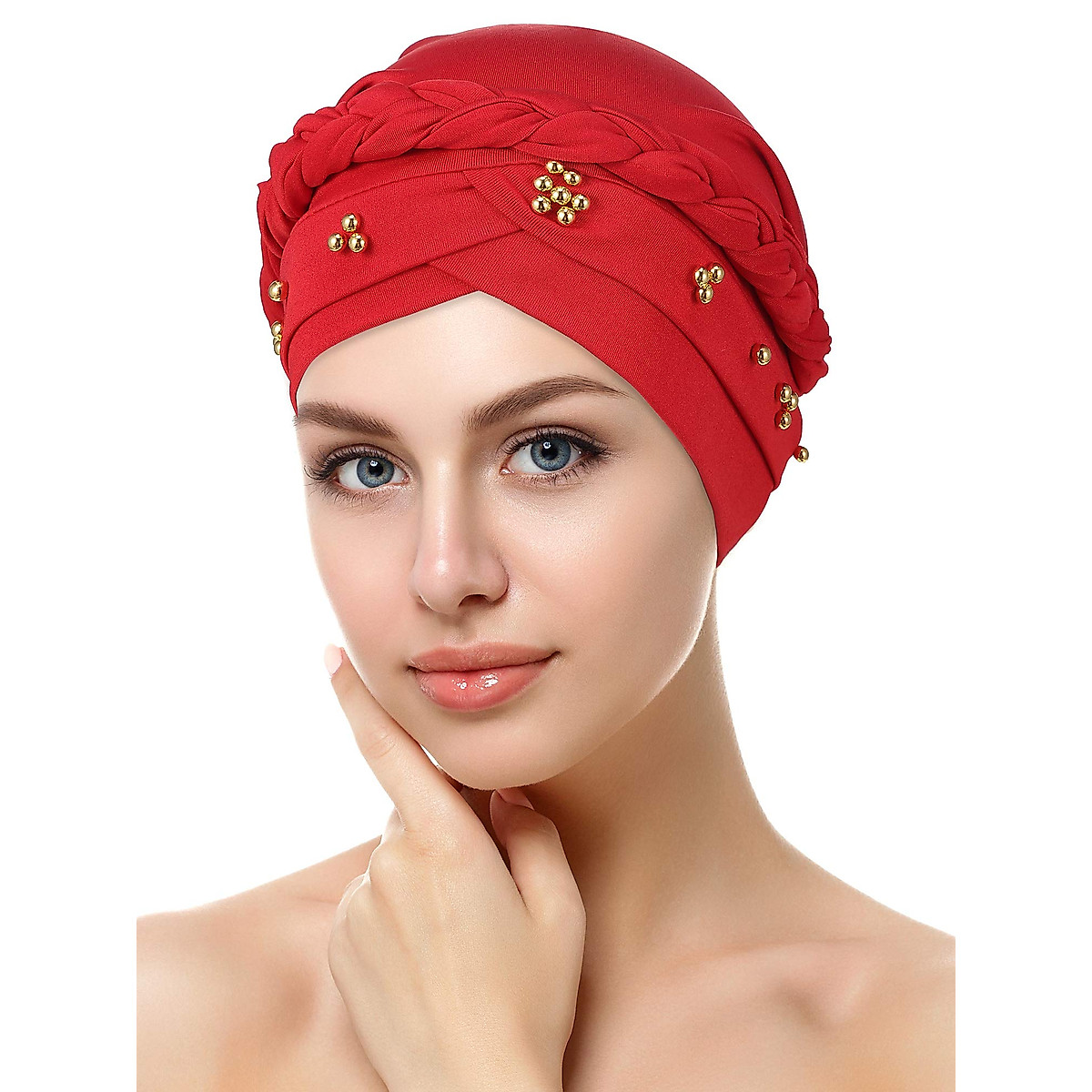 4 Pieces African Women Turban Cap Head Wraps Beaded Headscarf Beanie Wrap (Black, Grey, White, Red,Bead Style)