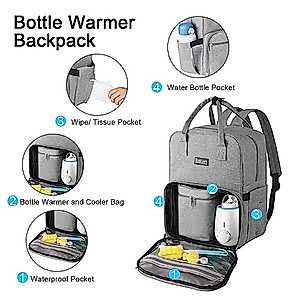 Hamtery Bottle Warmer Backpack with Breastmilk Cooler Bag, Diaper Bag Backpack for Mom and Dad, Fits Most Brands of Portable Bottle Warmer for Travel and 4 Baby Bottles up to 8 Ounces