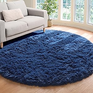 ONASAR Navy Blue Round Area Rug 4ft, Soft Bedroom Circle Rugs Floor Mat for Kids Girls Boys Teen Room, Fluffy Plush Shaggy Carpet for Baby Nursery Living Room Playroom Dorm Home Decor
