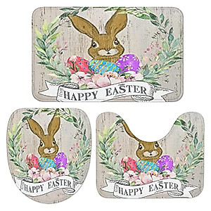 Royalours Happy Easter Bath Sets 3 Piece Rugs Bunny Easter Eggs Floral Wreath Mats Non Slip Water Absorbent U-Shaped Contour Toilet Mat Eggs Spring Flower Lid Cover（ED-Easter-1）