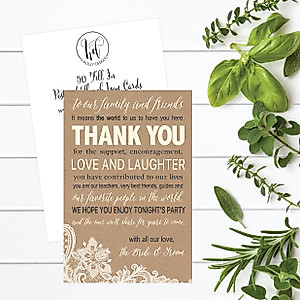 Hadley Designs 50 Wedding Kraft Thank You Place Cards, Rehearsal Dinner Thank You Table Sign, Menu Place Setting Card Notes, Placement Thank You Note Favors For Family & Guests
