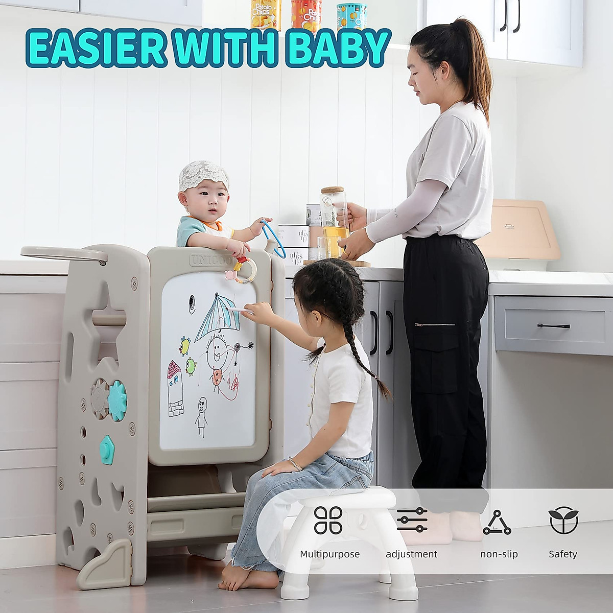 UNICOO Multifunctional Kids Step Stool with Double Safety Rails, Height Adjustable, Toddler Tower for Kitchen Countertop and Bathroom with Big Drawing Board & Games (OMLT-Grey)