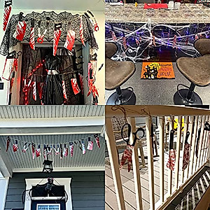 Boxgear 4-Pack Bloody Garland Banner - Fake Knives with Fake Blood Banner Halloween Decorations Outdoor - Includes Butcher Knife, Saw, Scissors, Weapons - Scary Halloween Party Decorations Supplies