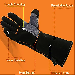 Qahdeikd Welding Gloves Heat Resistant Leather Forge welding accessories Tig Welder BBQ Barbecue Grilling Fireplace Oven Wood Stove (14IN, Black/Grey)