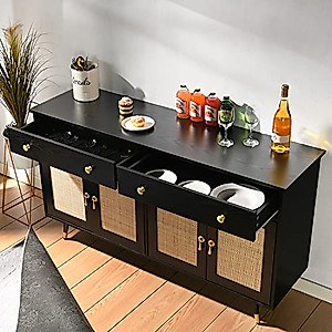 Buffet Cabinet with Storage, 55” Black Kitchen Cabinet with 4 Handmade Natural Rattan Doors, Black Sideboard Storage Cabinet with 2 Drawers for Dining Living Room