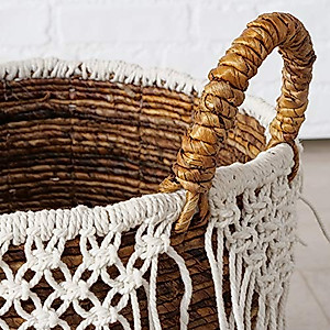 Boho Romantic Lace Baskets, Set of 3, Knotted Fringe Cotton Macrame Details, Relaxed Coastal Style, Woven Chunky Banana Leaf, Thick Handles, 21.75, 19.75, and 1