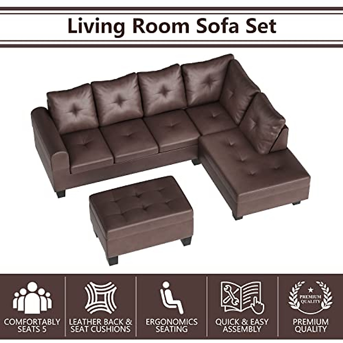 Lamerge Sectional Sofa Couch for Living Room, Modular Sectional Sofa with 6 Seats L Shaped Sofa Set with PU Leather Ottoman, Button Tufted Comfy Living Room Sofa Couch for Small Place