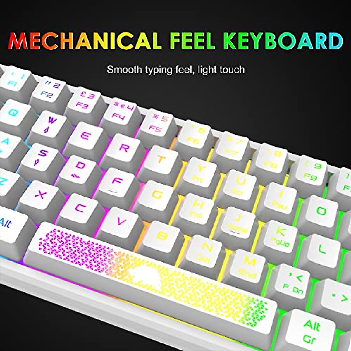 60% Gaming Keyboard and Mouse,Rainbow LED Backlit Gaming Keyboard with Wired Mini Portable Ergonomic 2400 DPI Ultralight Gaming Honeycomb Shell Mouse,Mouse Pad for Windows PC Gamers(White)