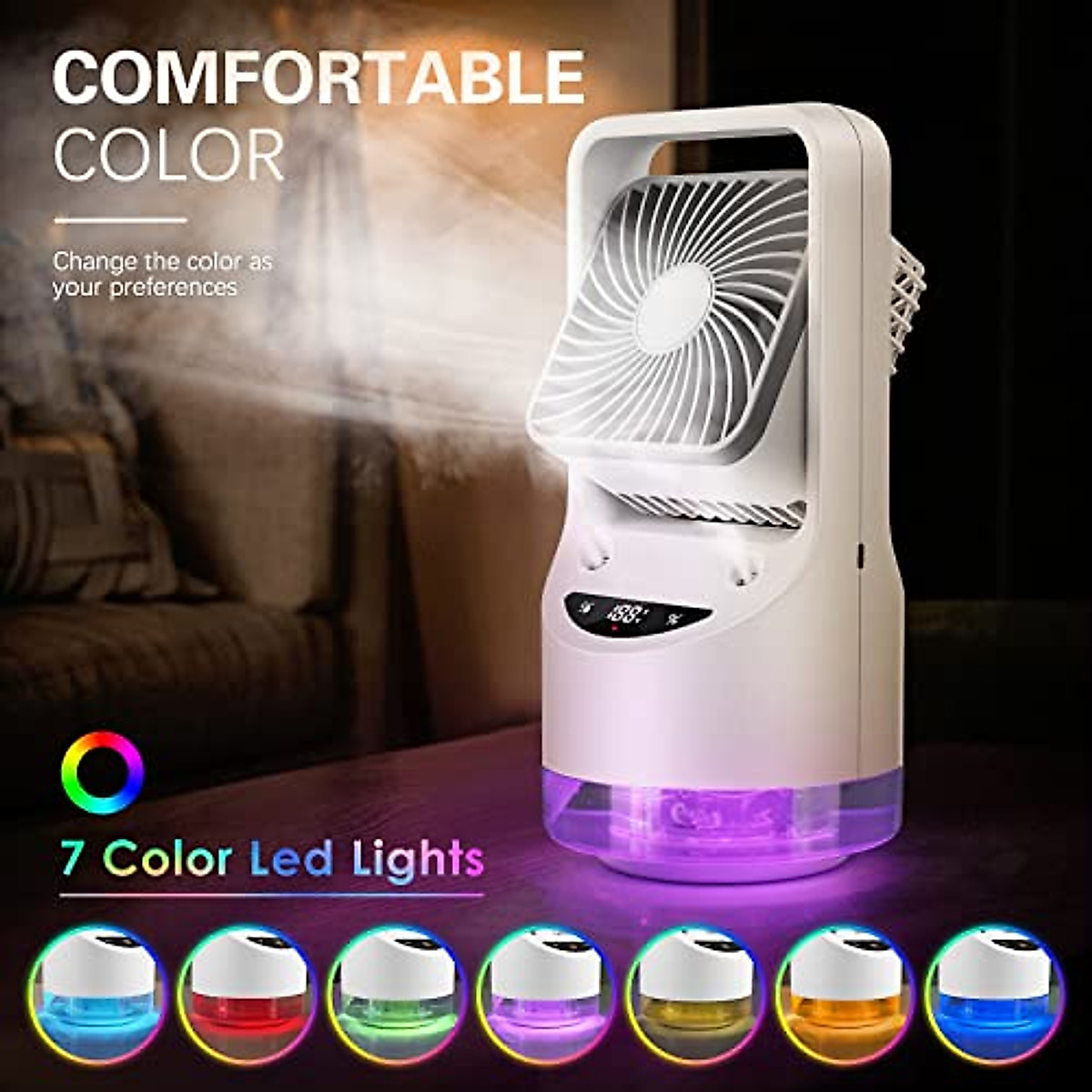 HeaBoom 90° Auto Oscillation Portable Air Conditioner, 4000mAh Rechargeable Evaporative Cooler Humidifier, Mini Conditioner with 7 Color Lights, Aroma Discs, Desk Cooling Fan, White
