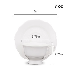 PULCHRITUDIE Fine China White Coffee Teacup and Saucer Sets, Set of Four