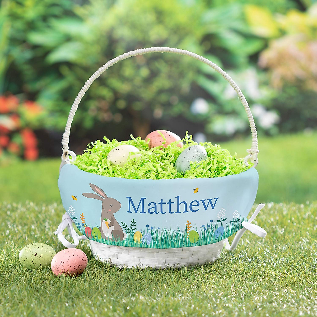 Personalized Meadow Easter Egg Basket with Handle and Custom Name | Boy Bunny Easter Basket Liners | White Basket | Woven Easter Baskets for Kids | Customized Easter Basket | Gift for Easter