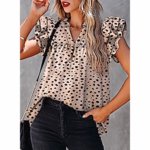 LOLONG Summer Womens Tops Dressy Business Casual Boho Polka Dot Notched V Neck Blouses Ladies Ruffle Short Cap Sleeve Shirts Beige