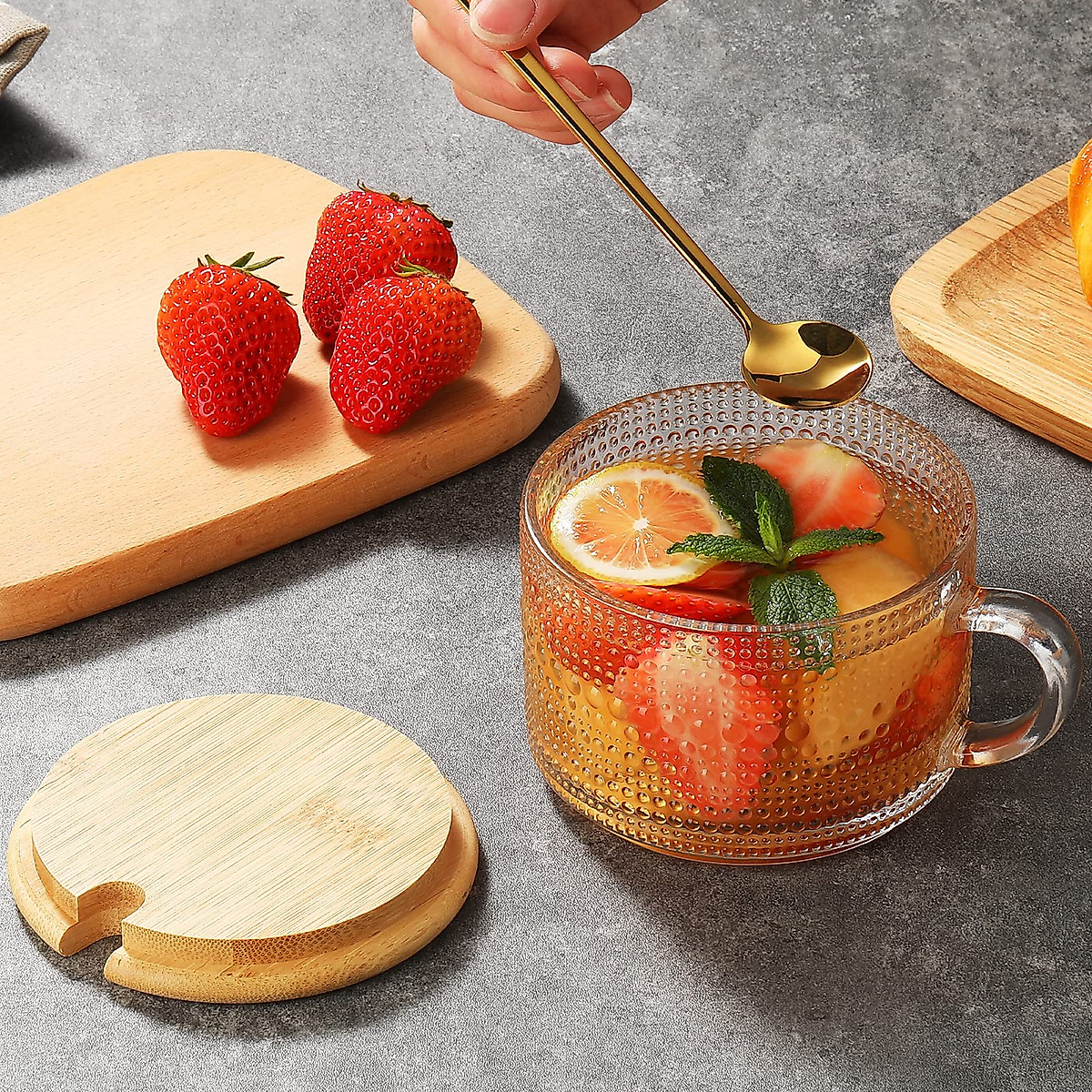 Newpow Vintage Coffee Mugs Set of 4, Glass Cups Overnight Oats Containers with Bamboo Lids and Spoons, Cute Coffee Bar Accessories, Iced Coffee Glasses - Clear 13oz