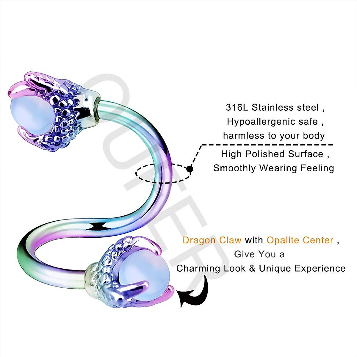 OUFER Twist Helix Earring 316L Stainless Steel Dragon Claw with Opalite Center 16G Twist Lip Labret Cartilage Upper Lobe Piercing Jewelry
