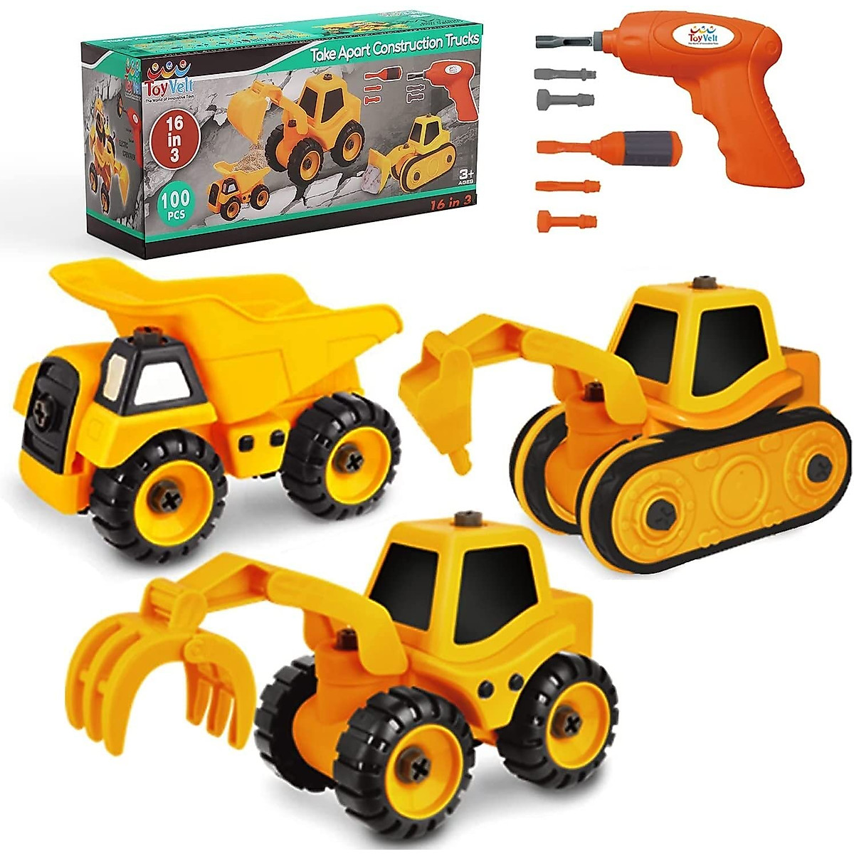 ToyVelt 16 in 3 Construction Take Apart Toys Trucks for 4 Year Old Boys STEM Tractor Toys for 3 Year Old Boys, Best Birthday for Boys & Girls Ages 3-12 Years Old - Updated 2021
