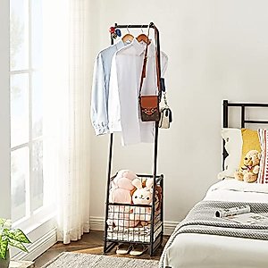VECELO Metal Coat Rack Stand with Anti-Drop Design, Space Saving Hall Trees with Steel Basket,Small Garment Organizer with 2 Handy Cloth Rails and Slipper Space, Rectangle, Rustic Brown