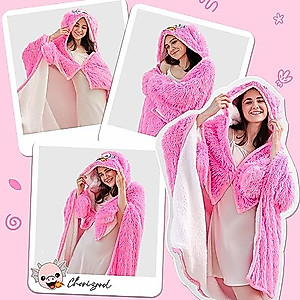 YIRDDEO Wearable Blankets Hoodie Pink Fluffy Blanket Cute Dinosaur Oversized Travel Blanket Warm Comfy Adult Picnic Animal Blankets with Plush Sleeves