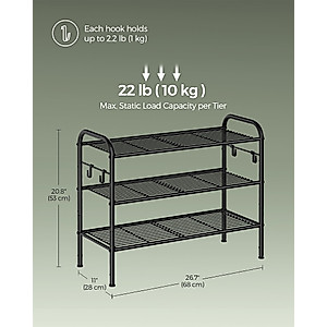 SONGMICS Shoe Rack, 3-Tier Shoe Organizer, Metal Shoe Shelf Storage with 4 Side Hooks, Holds 12 Pairs of Shoes, Height-Adjustable Shoe Rack for Entryway, Hallway, Closet, Easy Assembly, Ink Black
