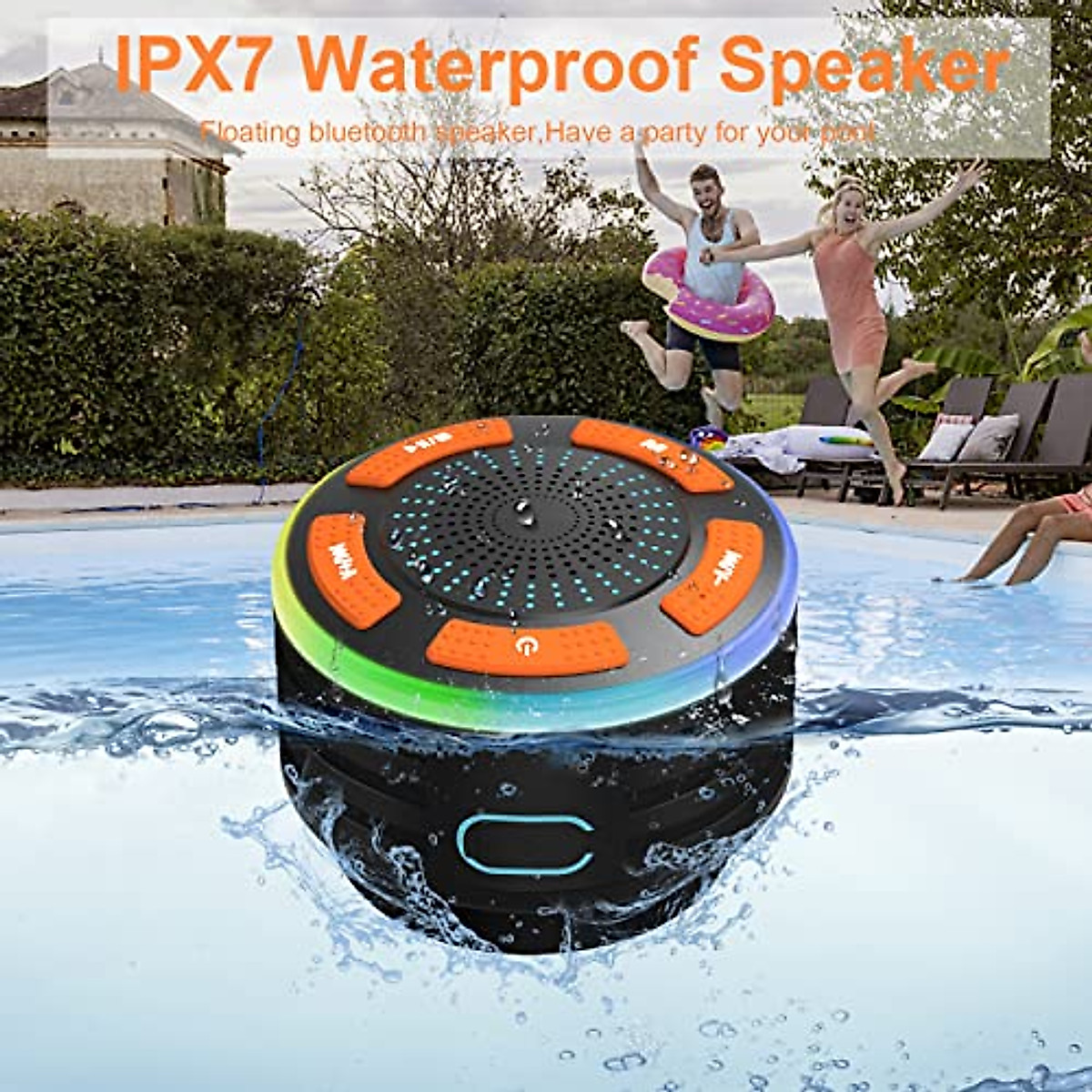 Bluetooth Speakers, ssouwao IPX7 Waterproof Shower Speaker, LED Colorful Lights, FM Radio, Suction Cups, Protable Speaker for Home Pool Travel