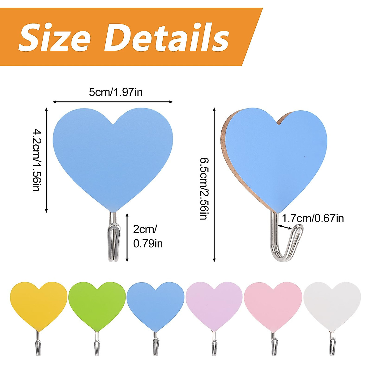 MOROBOR Wood Heart-Shaped Self-Adhesive Hooks, 6pcs Strong Self-Adhesive Wall Hooks for Bathroom Kitchen Office/Mixed Color